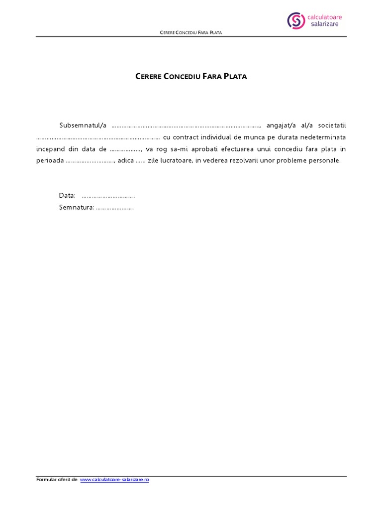 Cerere Concediu Fara Plata
