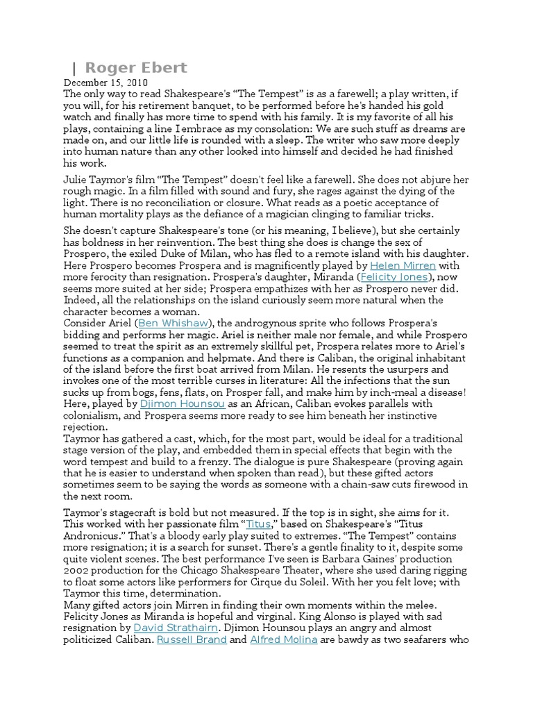 Roger Ebert's review of Julie Taymor's film adaptation of Shakespeare's ...