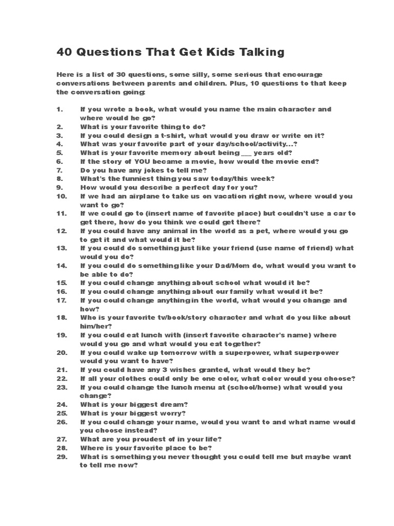 40 Questions to Spark Kid Conversations | PDF | Leisure