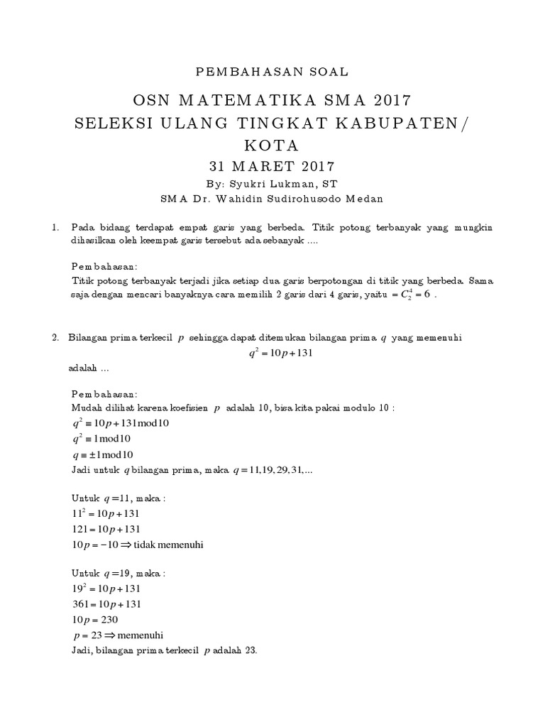 Solusi OSK Ulang Matematika SMA 2017 (Full) | PDF