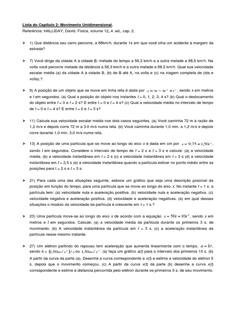 Exercicios Cap 2 Halliday Resp | Download grátis PDF | Velocidade | Elétron