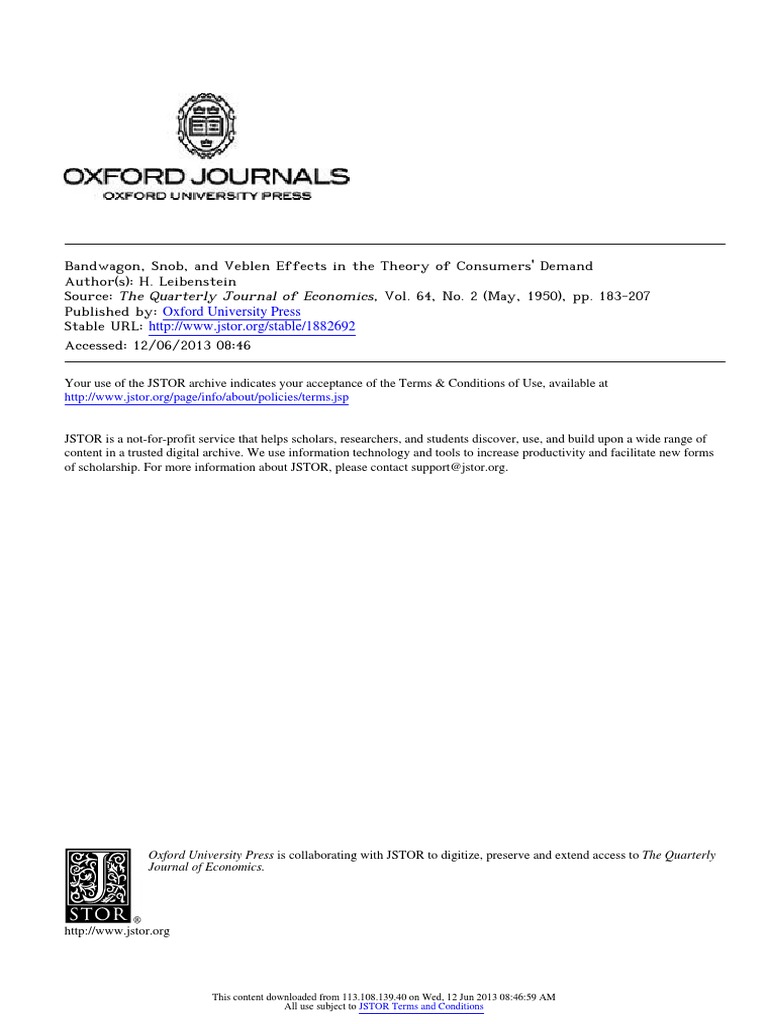 Bandwagon, Snob, and Veblen Effects in The Theory of Consumers' Demand ...