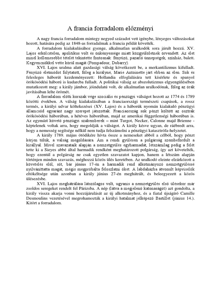 A Nagy Francia Forradalom Előzményei | PDF