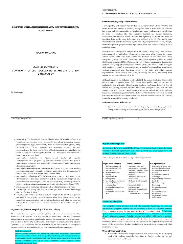Computer Applications in The Hospitality Industry Notes 2017 | Download ...