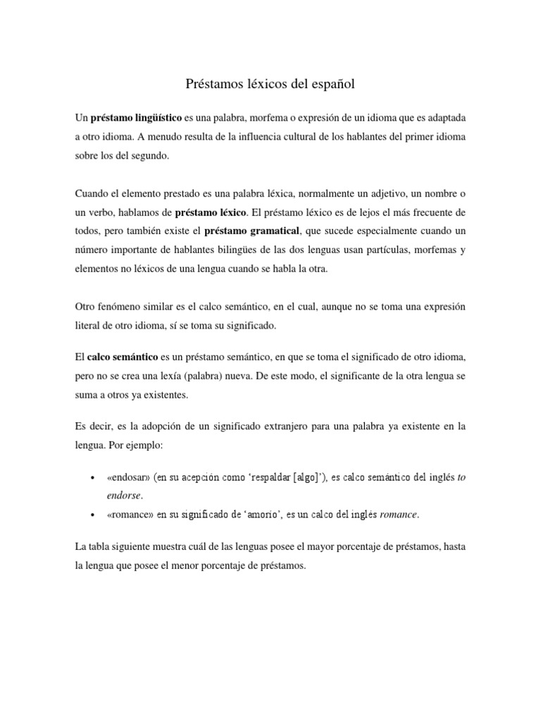 Préstamos Léxicos Del Español | Palabra | Numero Gramatical