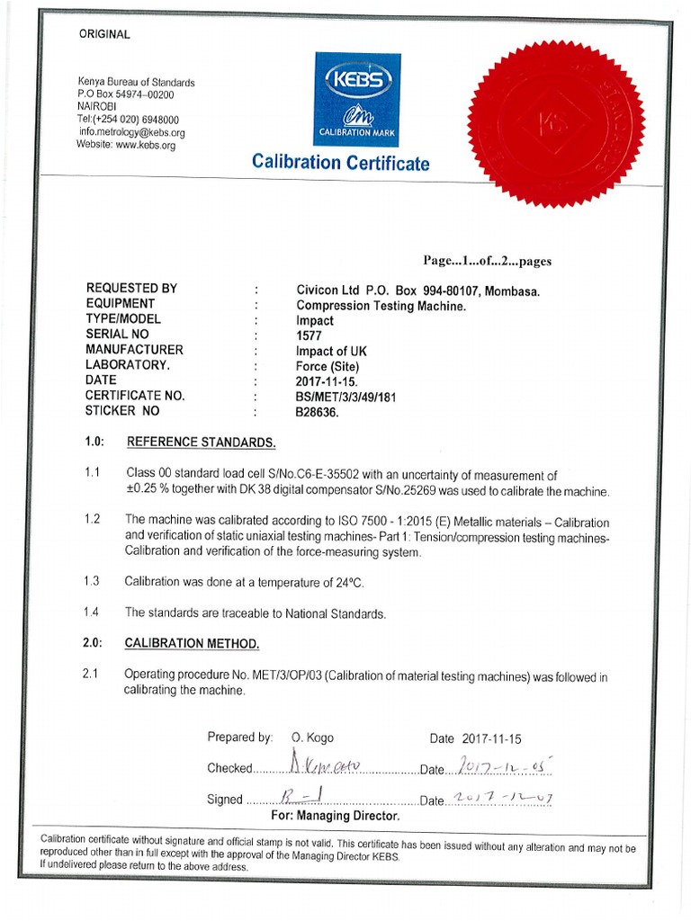 Cal Cert For Cube Crusher and Weighing Balance | PDF | Nature