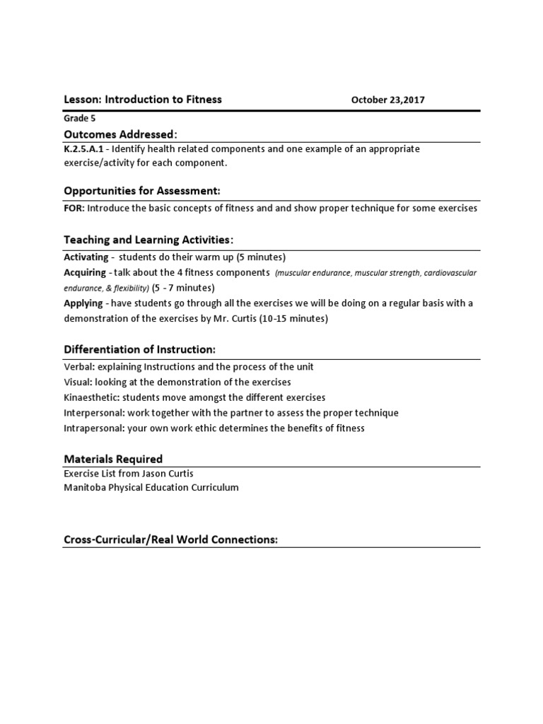 Fitness Lesson Plan | PDF | Physical Education | Applied Psychology