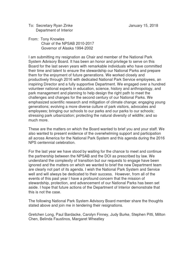 National Park System Advisory Board Resignation | PDF | National Park ...