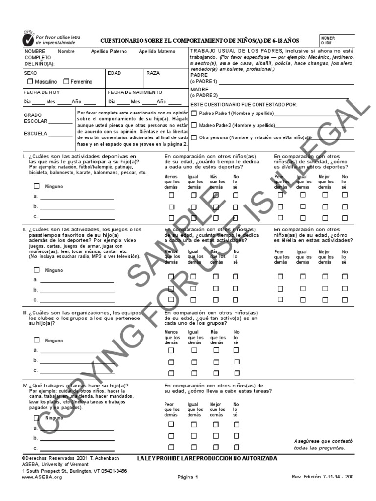 Latino Spanish CBCL 6-18 | PDF | Sicología | Bienestar