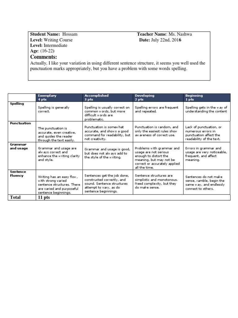 Grammar Rubric #1 | PDF | Sentence (Linguistics) | Punctuation