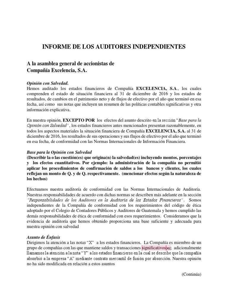 Ejemplo de Opinion Con Salvedad Con Limitación | PDF | Auditoría ...