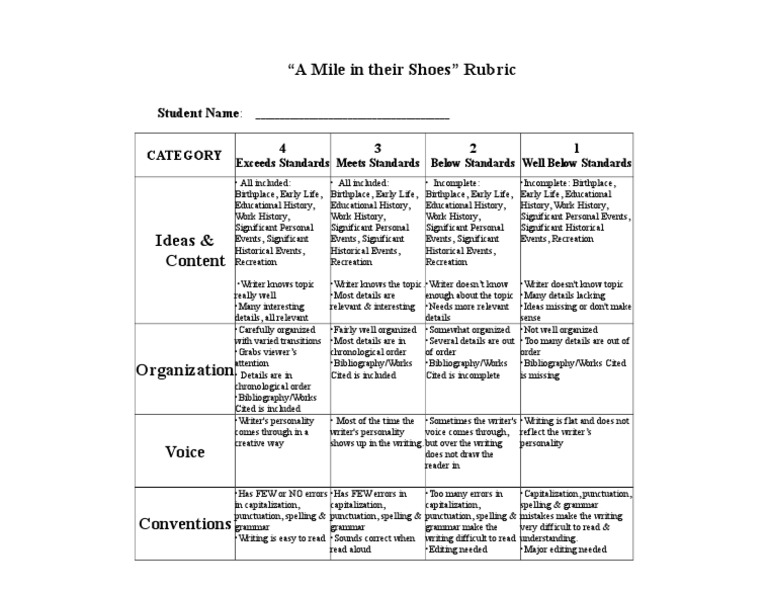 A Mile in Their Shoes Rubric | PDF | Editing | Punctuation