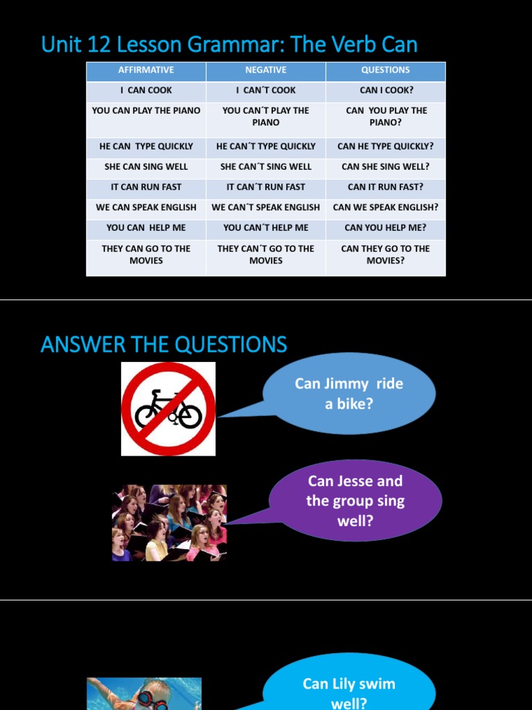 Unit 12 Lesson Grammar: The Verb Can: Affirmative Negative Questions | PDF