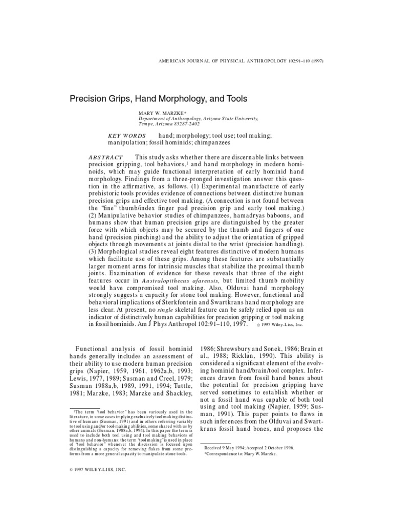 Precision Grips, Hand Morphology, and Tools | PDF | Thumb | Finger