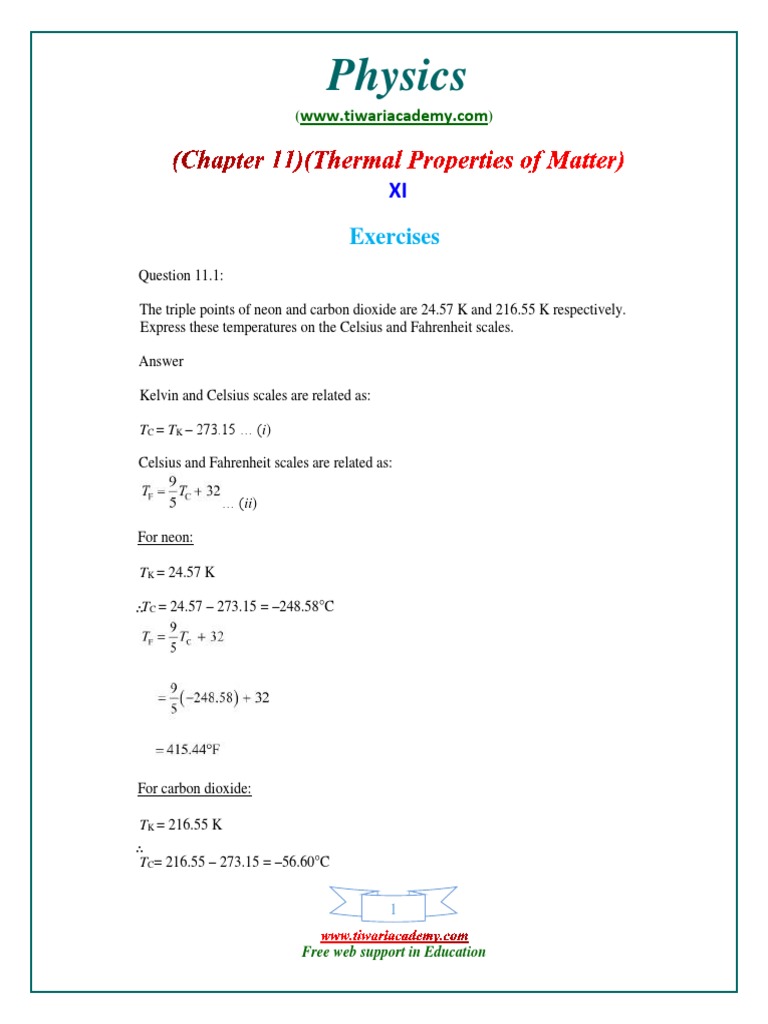 11 Physics NcertSolutions Chapter 11 Exercises | PDF | Phase (Matter) | Phase Diagram