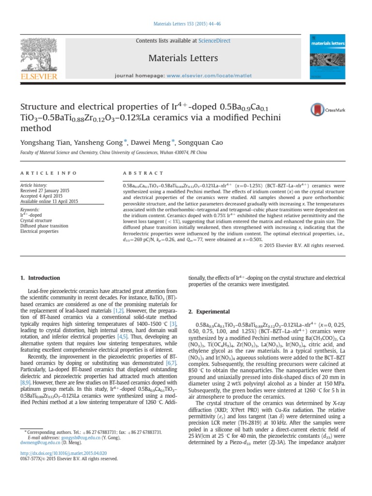 Materials Letters: Yongshang Tian, Yansheng Gong, Dawei Meng, Songquan Cao | PDF | Ceramics ...