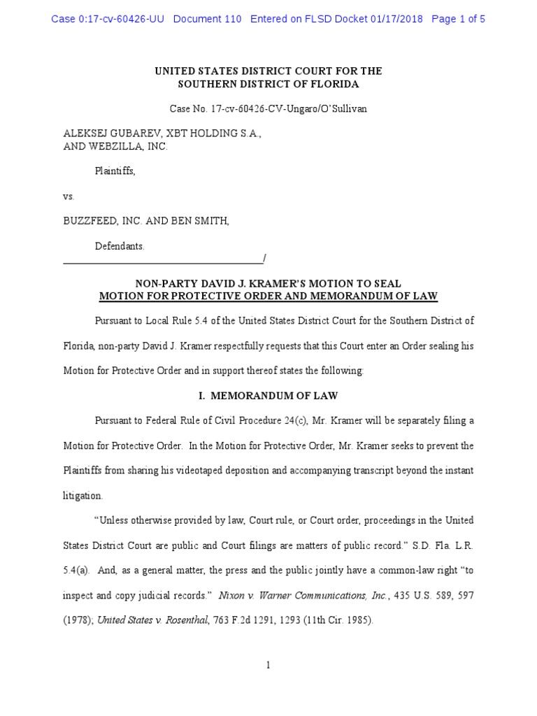 David Kramer Motion To Seal Deposition in BuzzFeed Lawsuit | PDF ...