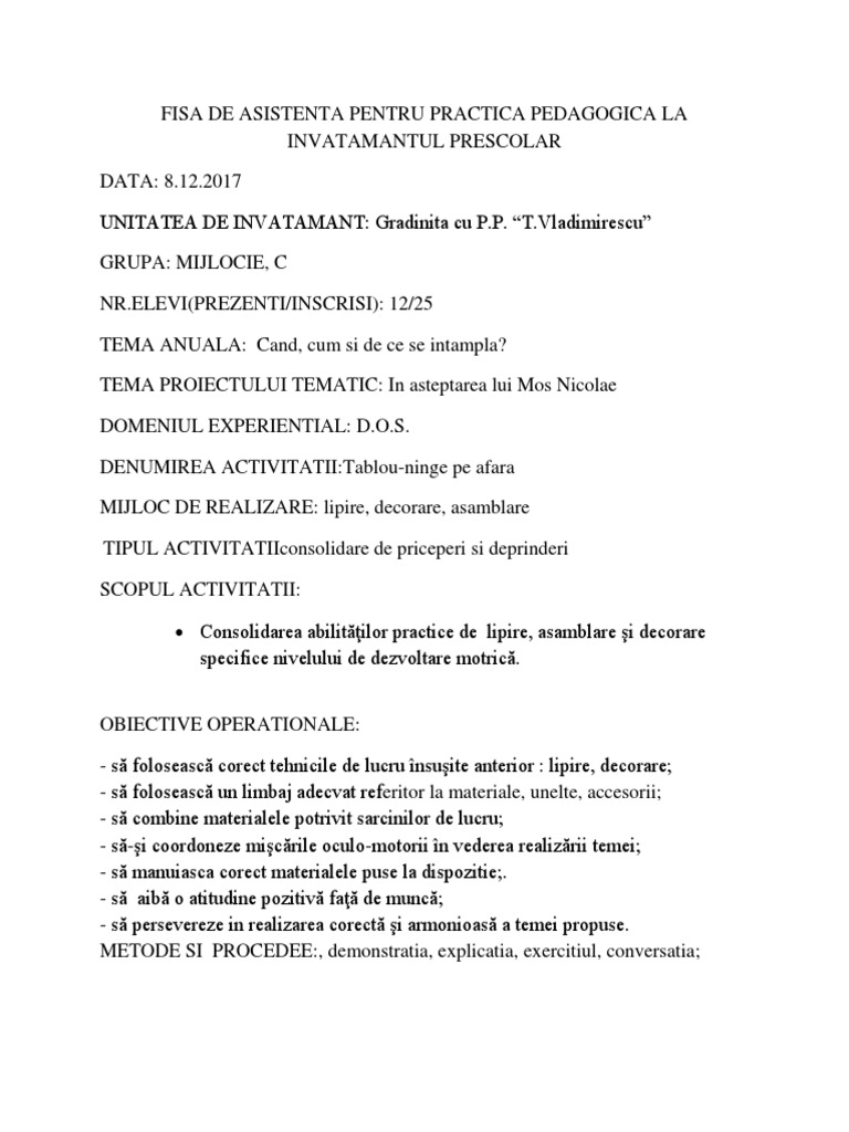 Fisa de Asistenta Pentru Practica Pedagogica La Invatamantul Prescolar 4 | PDF