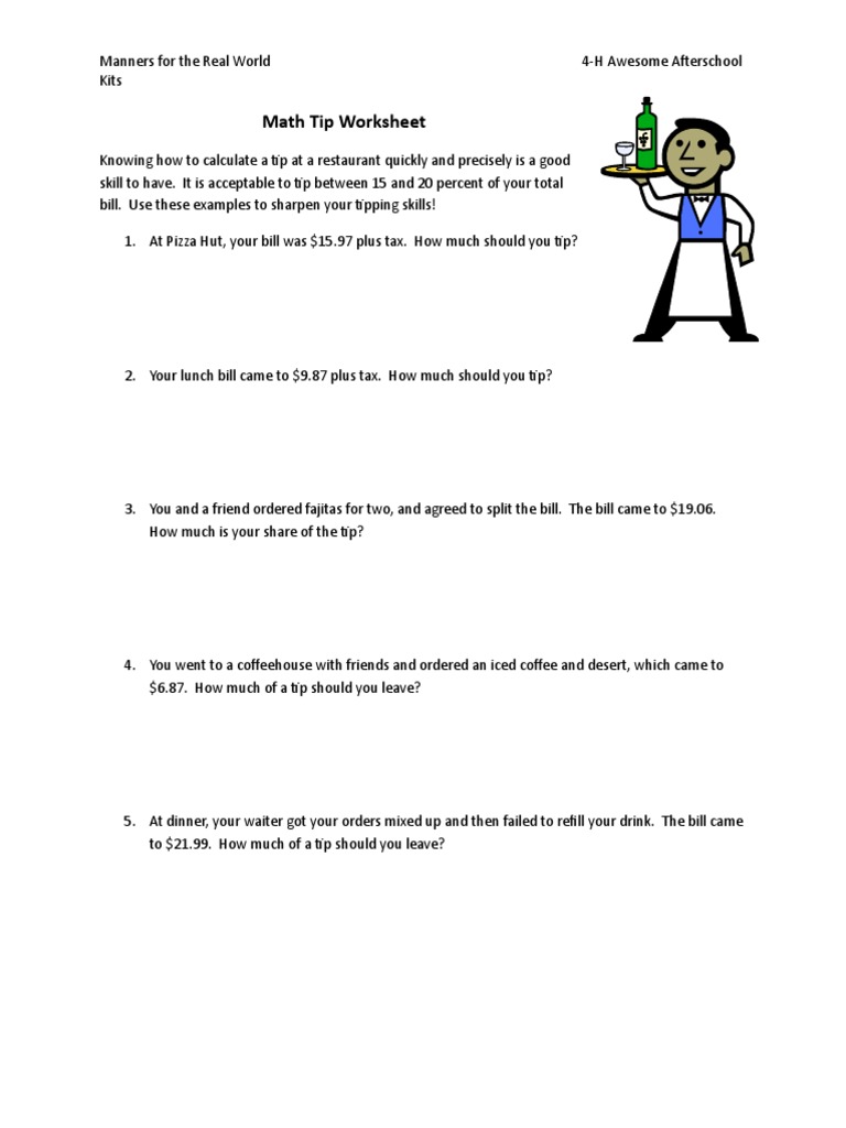 Tipping Skills Math Worksheet | PDF | Cooking, Food & Wine