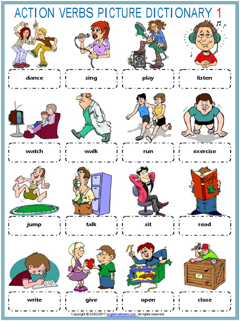Action Verbs Vocabulary Esl Picture Dictionary Worksheets For Kids | PDF