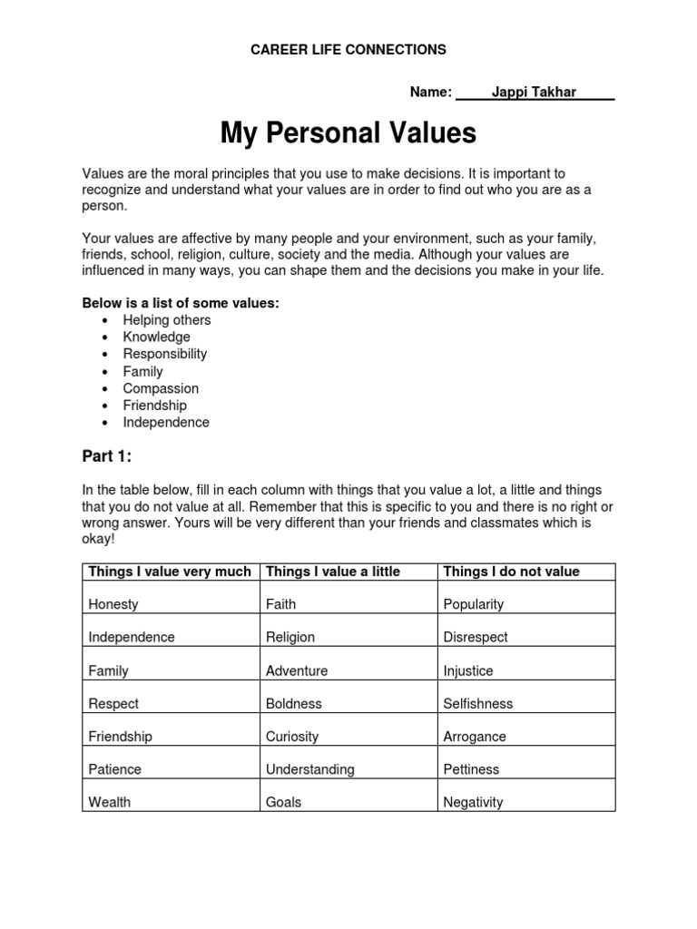 My Personal Values: Career Life Connections | PDF