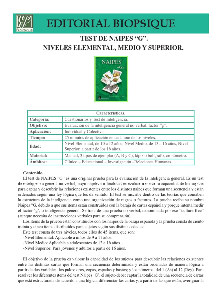 ATI 13 Test de Naipes G Niveles Elementales Medio y Superior | PDF ...