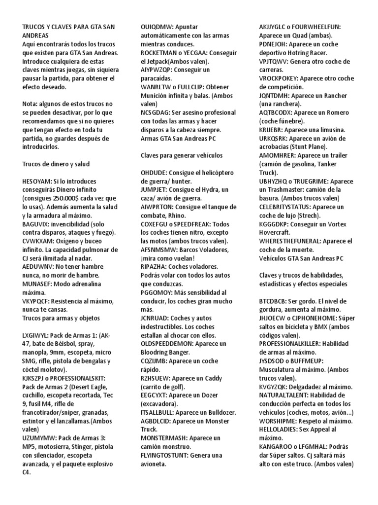 Trucos y Claves Para Gta San Andreas | Conflicto armado | Ocio Trucos y Claves Para Gta San Andreas | Conflicto armado | Ocio