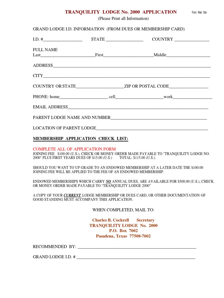 Tranquility Lodge No. 2000 Application: Membership Application Check ...