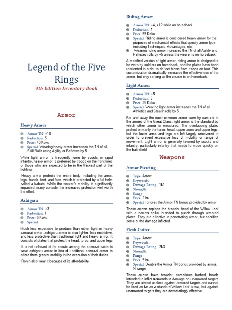 Armor and Weapons - L5R | PDF | Armour | Spear
