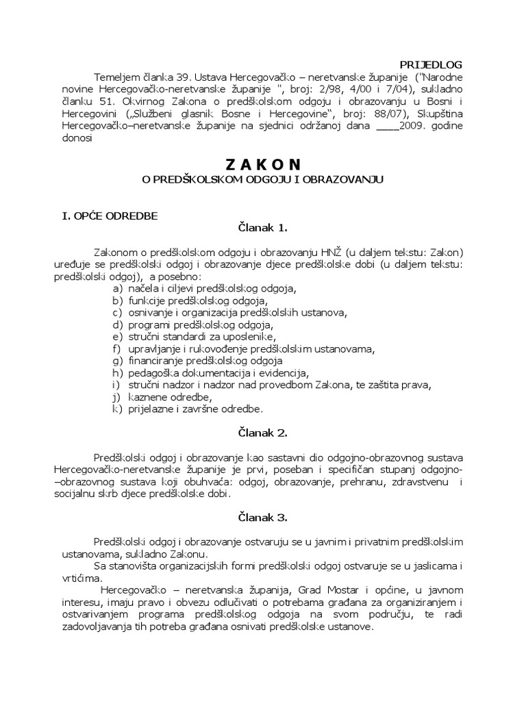 Zakon o Predskolskom Odgoju I 0 | PDF