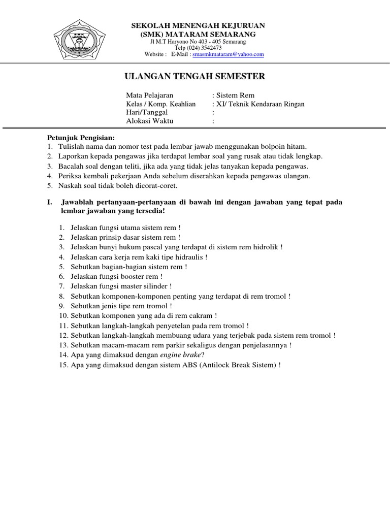 Soal UTS Sistem Rem | PDF | Teknologi & Rekayasa