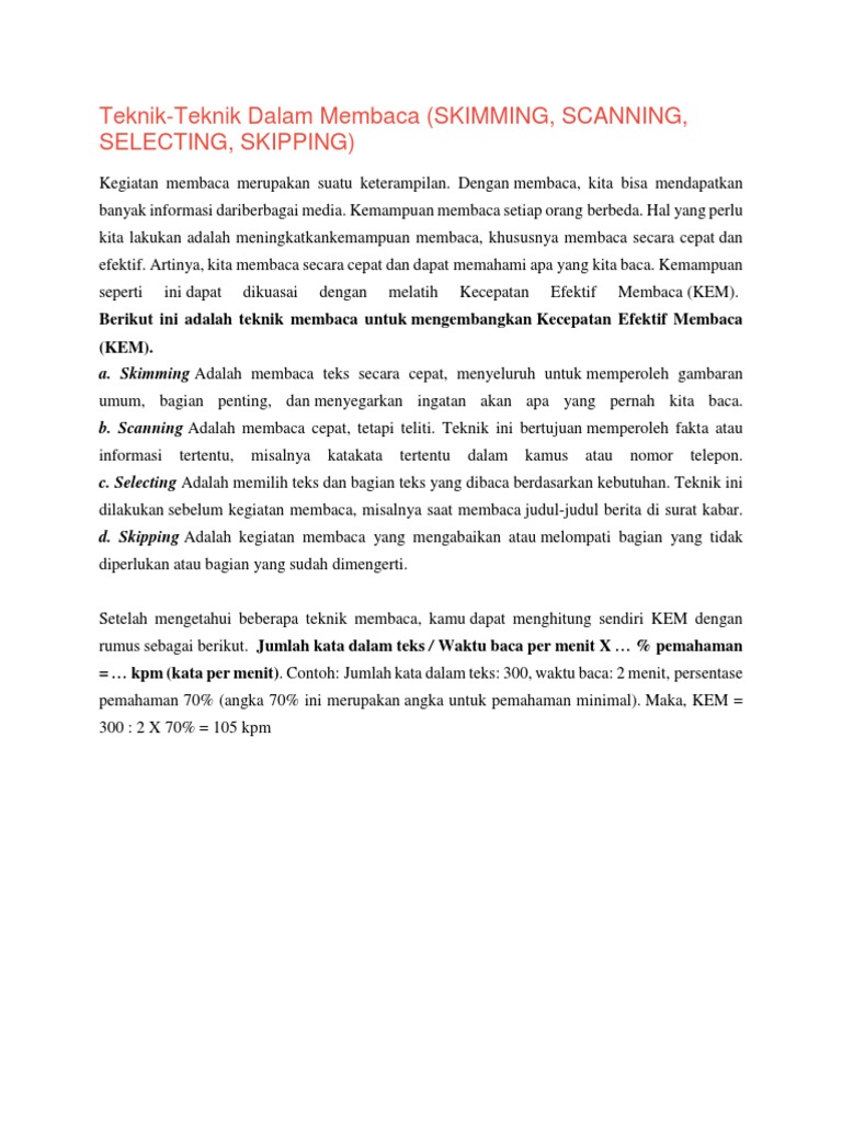 Teknik Membaca (Reading Comprehension) | PDF | Pemahaman Membaca | Skema (Psikologi)