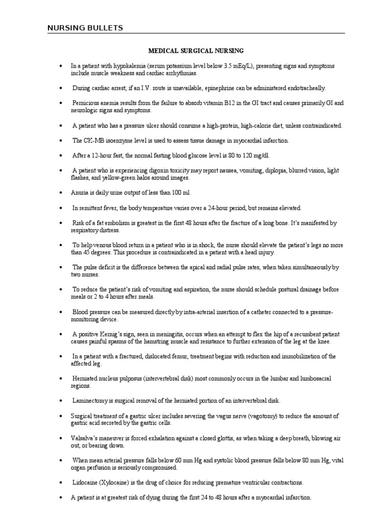 Medical Surgical Nursing Bullets | PDF | Myocardial Infarction | Heart