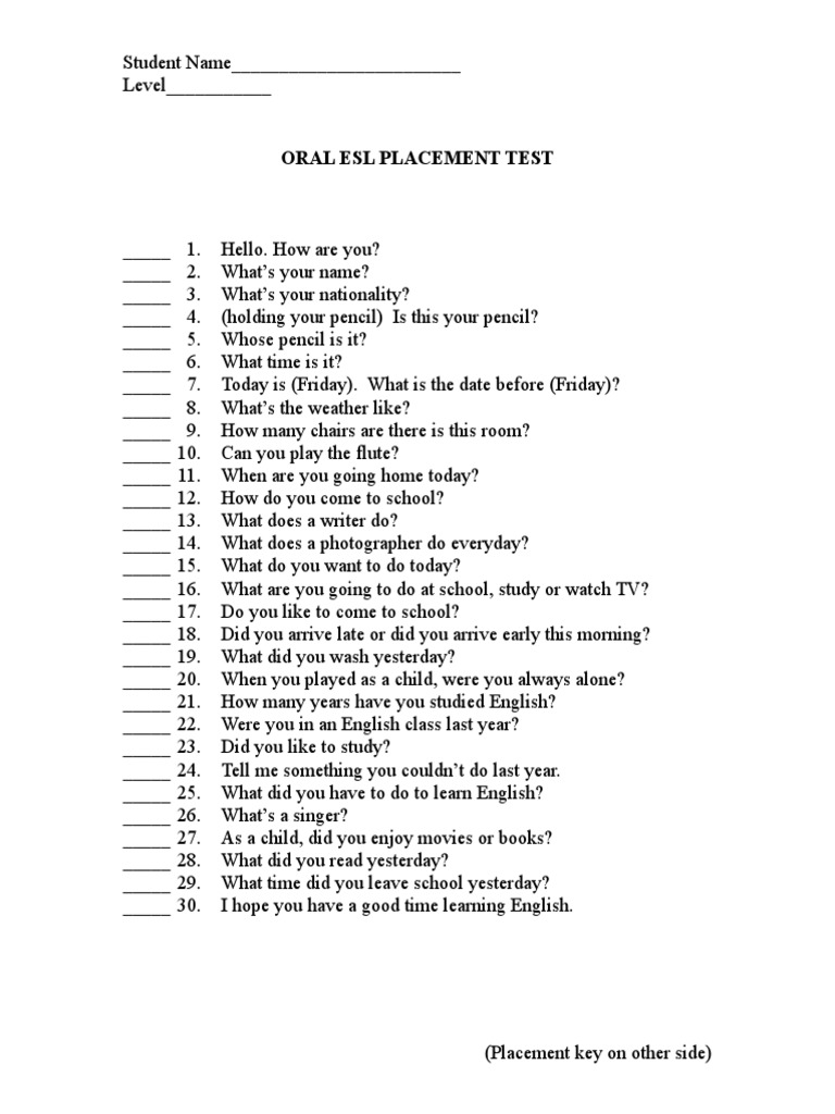 Oral Esl Placement Test | PDF