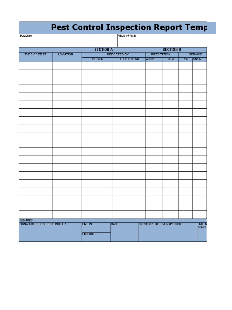 Pest Control Inspection Report Template: Type of Pest Location Reported ...