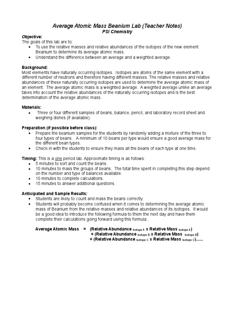 Chem Atomic Mass Activity Teacher Notes 2015-08-14 | PDF | Atomic Mass ...