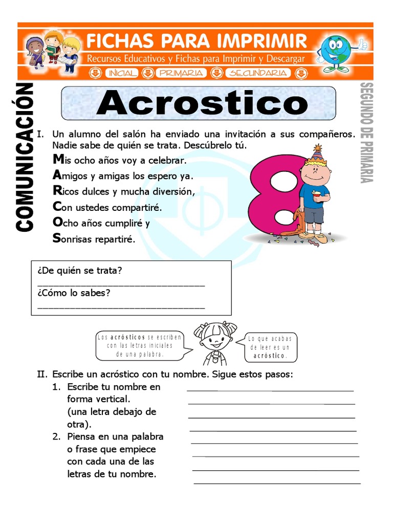 Ficha de Acrostico Para Segundo de Primaria