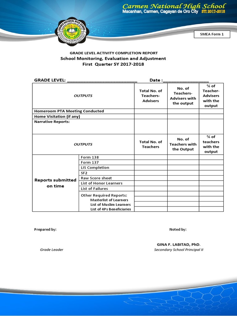 Activity Completion Reports GRADE LEVEL | Schools | Quality Of Life