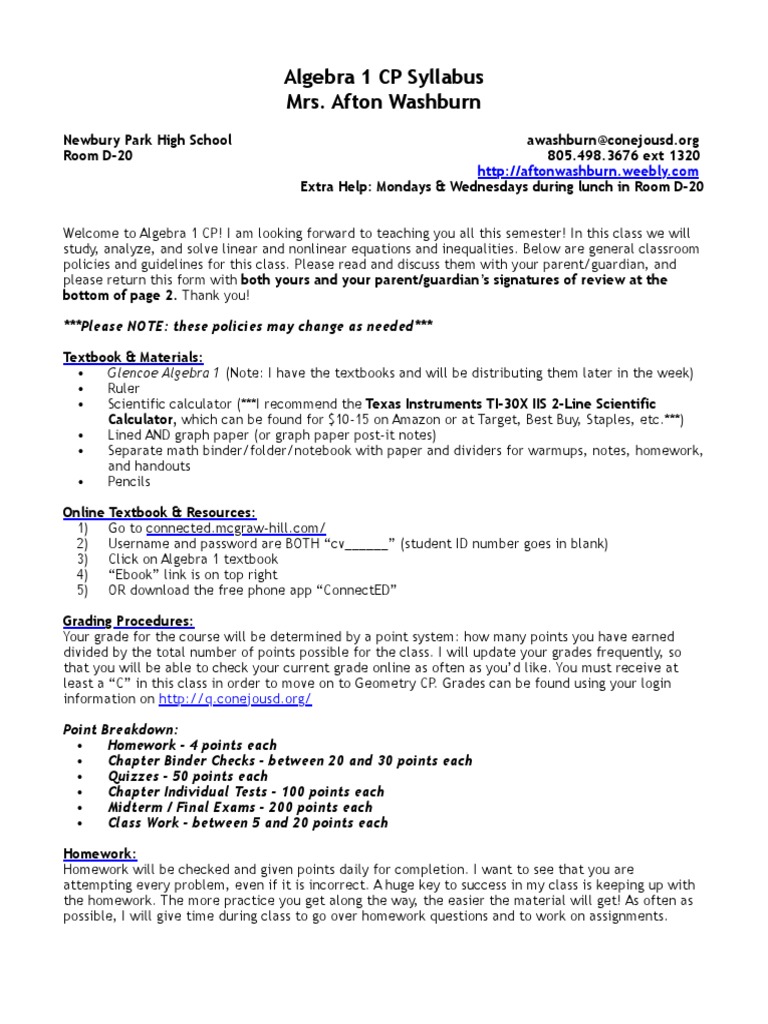 Algebra 1 CP Syllabus Mrs. Afton Washburn | PDF | Academic Dishonesty ...