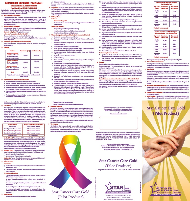 Star Cancer Care Gold Insurance Plan | PDF | Insurance | Miscarriage