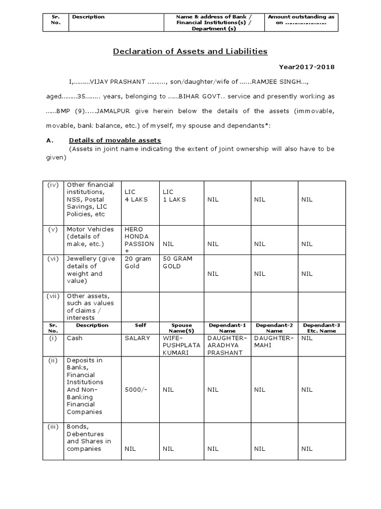 Declaration of Assets and Liabilities: Year2017-2018 | PDF | Ownership ...