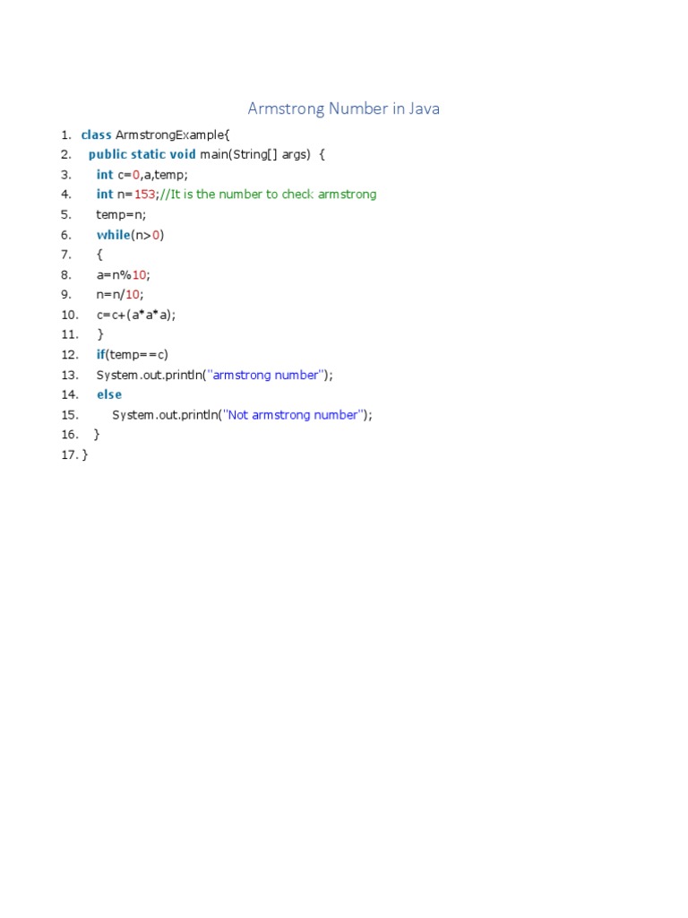 Armstrong Number in Java: Class Public Static Void Int Int While | PDF