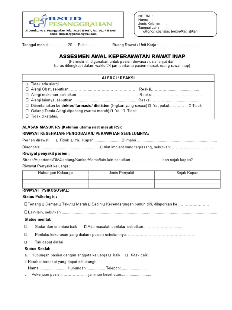 Form Asesmen Awal Keperawatan Rawat Inap (AP 1.1) Rsud Pesanggrahan | PDF