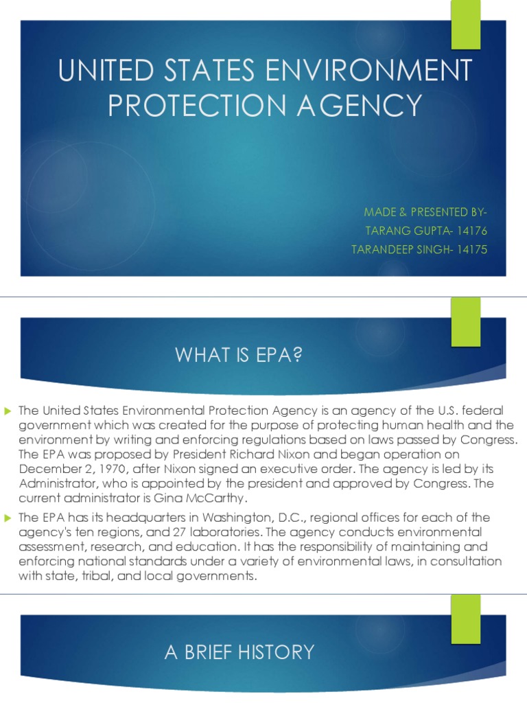 United States Environment Protection Agency: Made & Presented By-Tarang ...