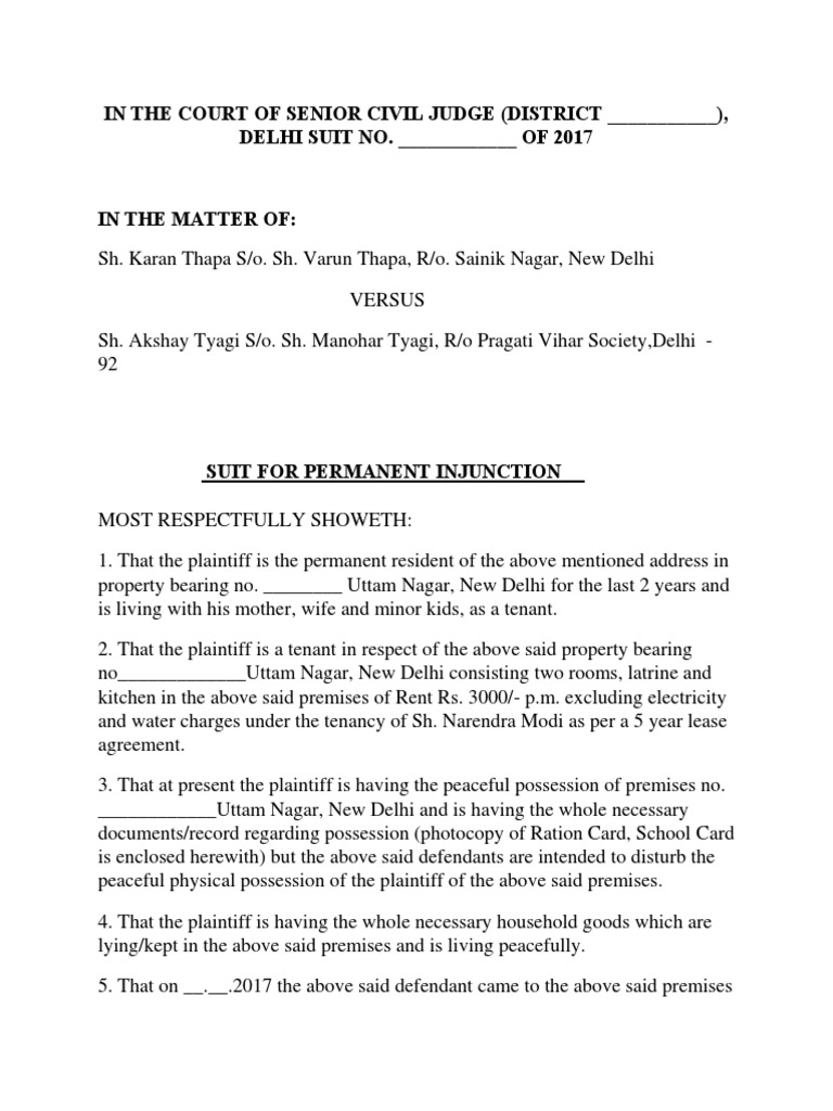 Suit For Permanent Injunction | PDF | Leasehold Estate | Lawsuit