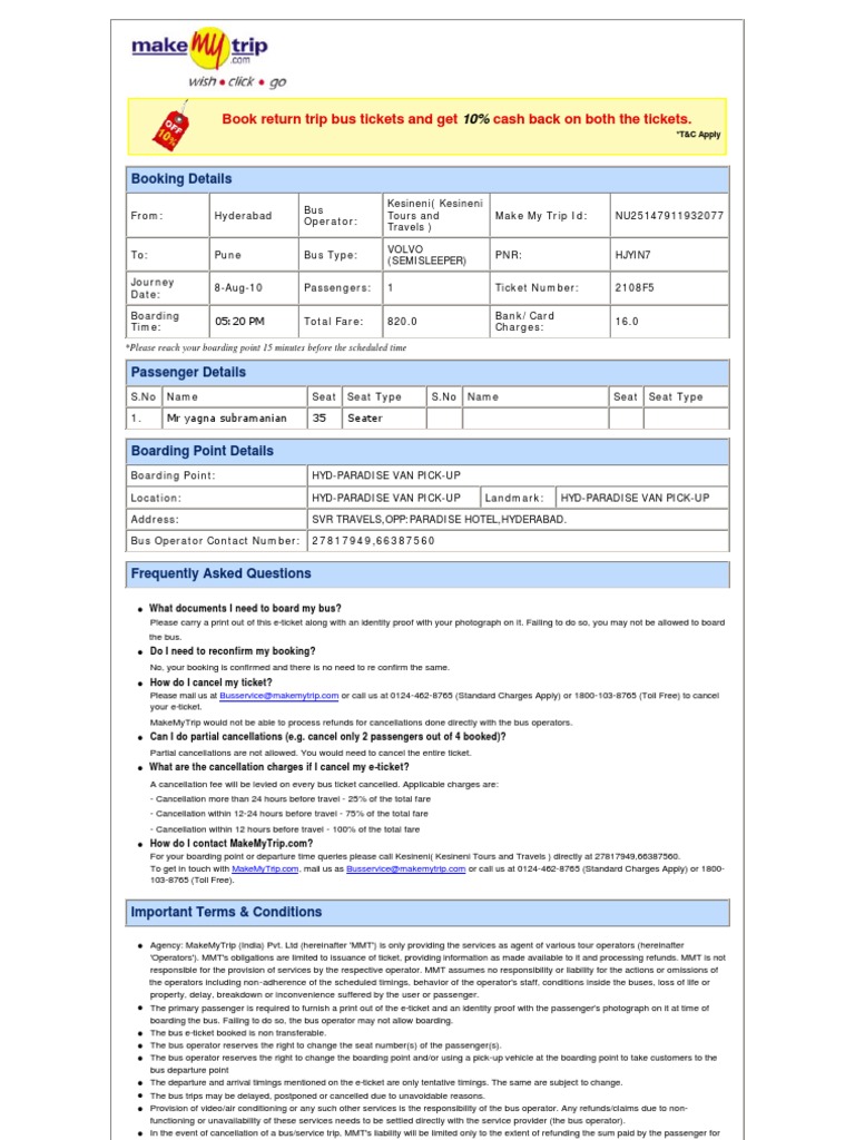 MMT Bus E-Ticket Nu 25147911932077 Hyderabad-Pune | PDF | Ticket ...