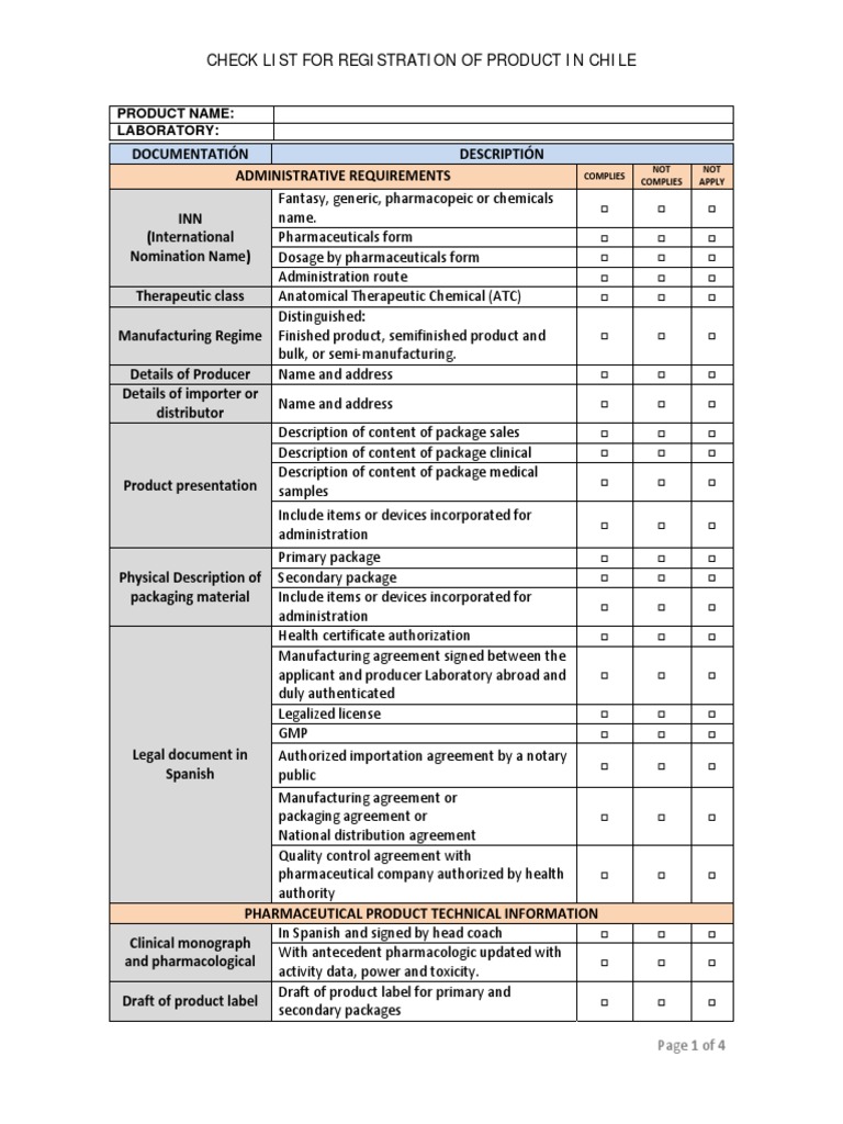 Requirement Registration of Pharmaceutical Product, Check List Chile (1 ...