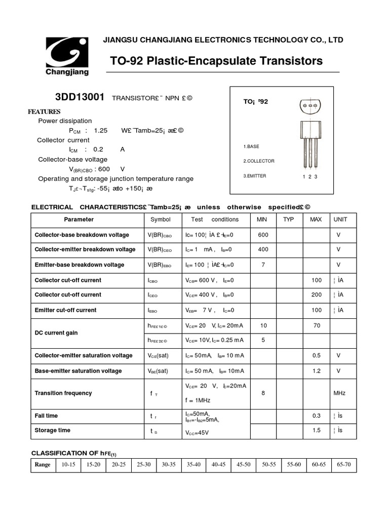 TO-92 Plastic-Encapsulate Transistors: Jiangsu Changjiang Electronics Technology Co., LTD | PDF ...