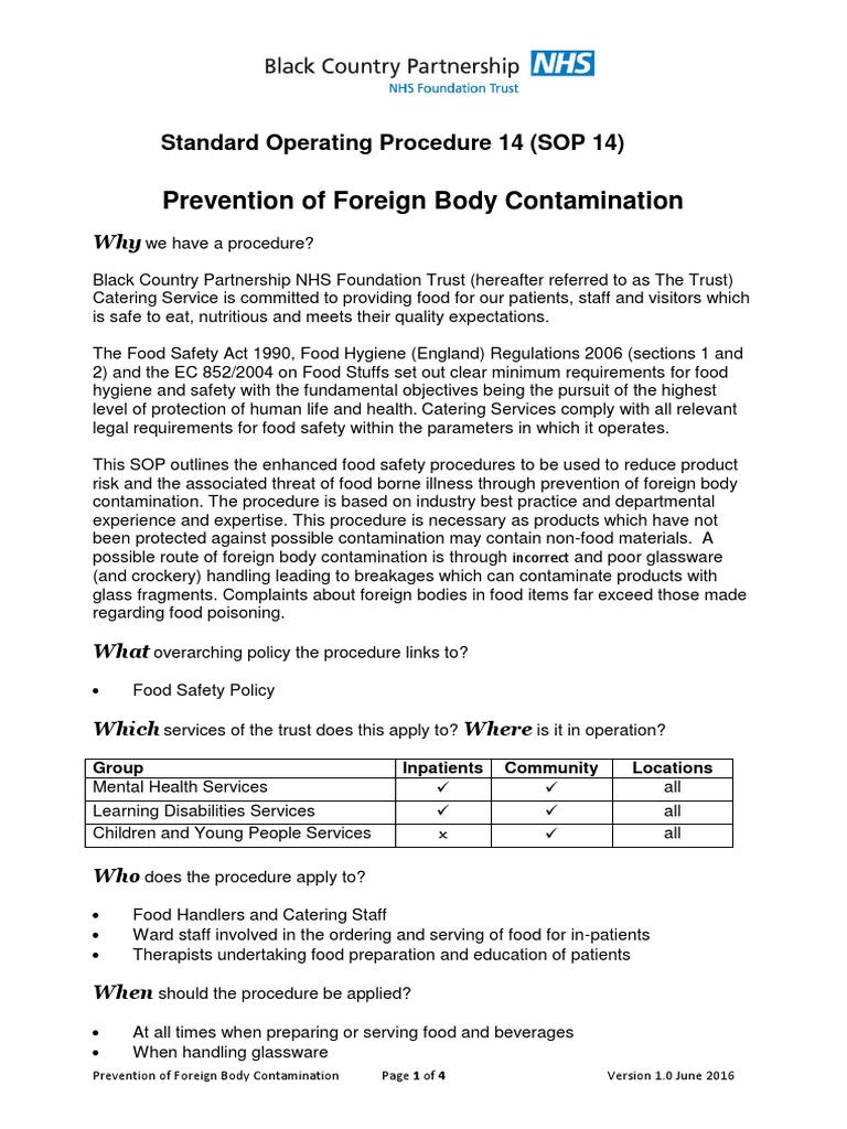 Food Safety - SOP 14 - Prevention of Foreign Body Contamination | PDF ...