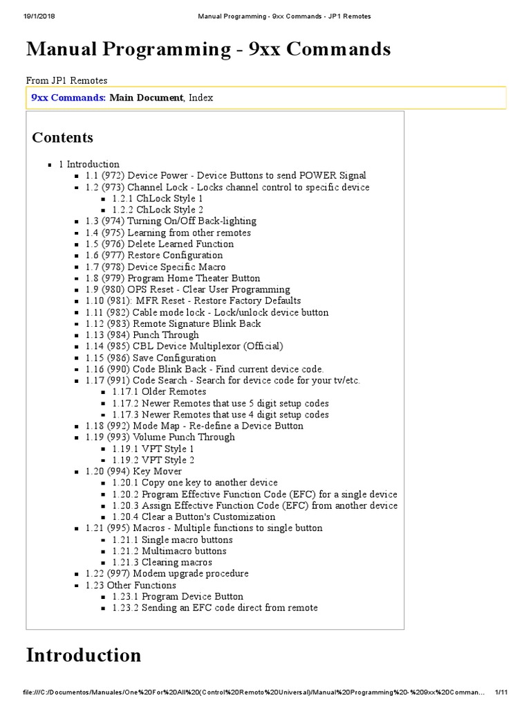 Manual Programming - 9xx Commands - JP1 Remotes | PDF | Videocassette ...